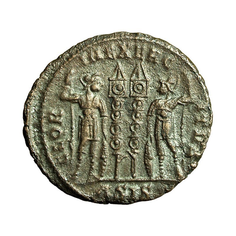 Roman Coin Constantius II Siscia AE18mm Gloria Exercitus Two Soldiers
