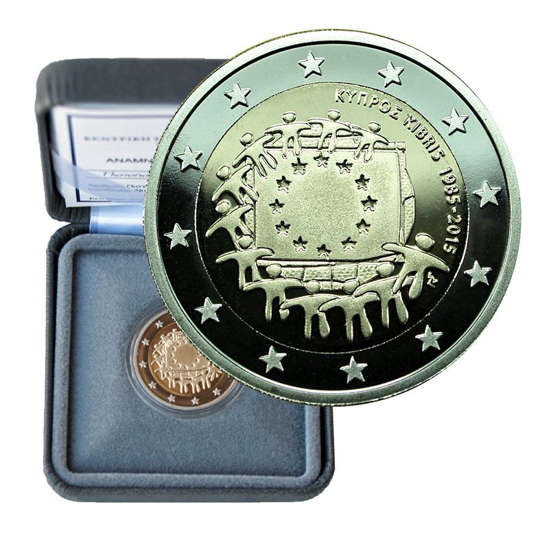 Cyprus Coin 2 Euro 2015 Proof 30 Years European Flag Bimetallic CoA