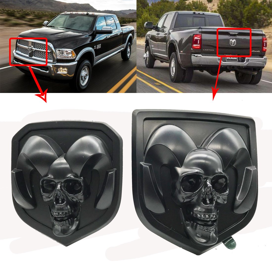 matte black Skull head Emblem Medallion for Dodge Ram 1500 2500 3500 ...