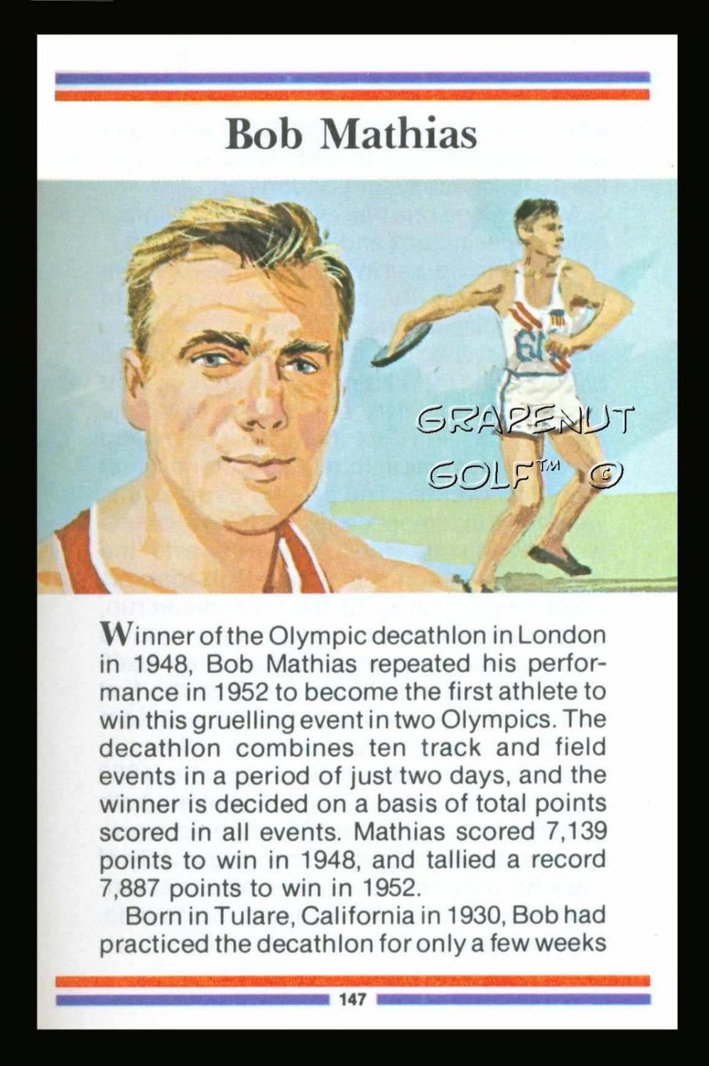 BOB MATHIAS TRUE VALUE DECATHLON GOLD OLYMPIC MEDAL CARD ACTOR ...