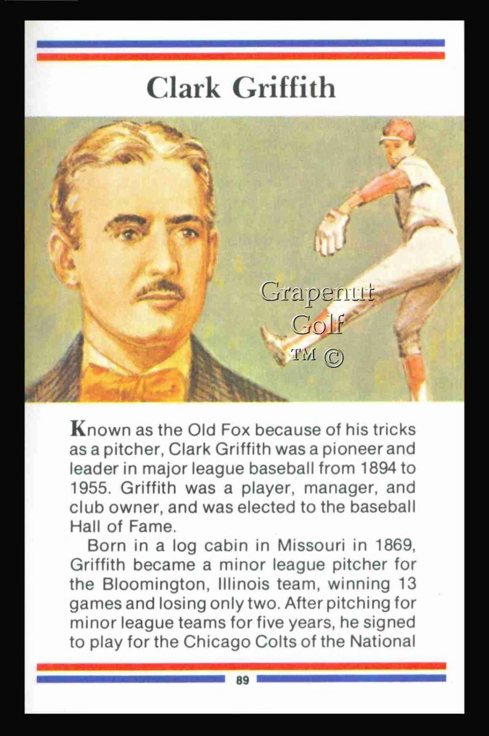 CLARK GRIFFITH TRUE VALUE OLD FOX BASEBALL HOF CARD NMT WASHINGTON SENATORS