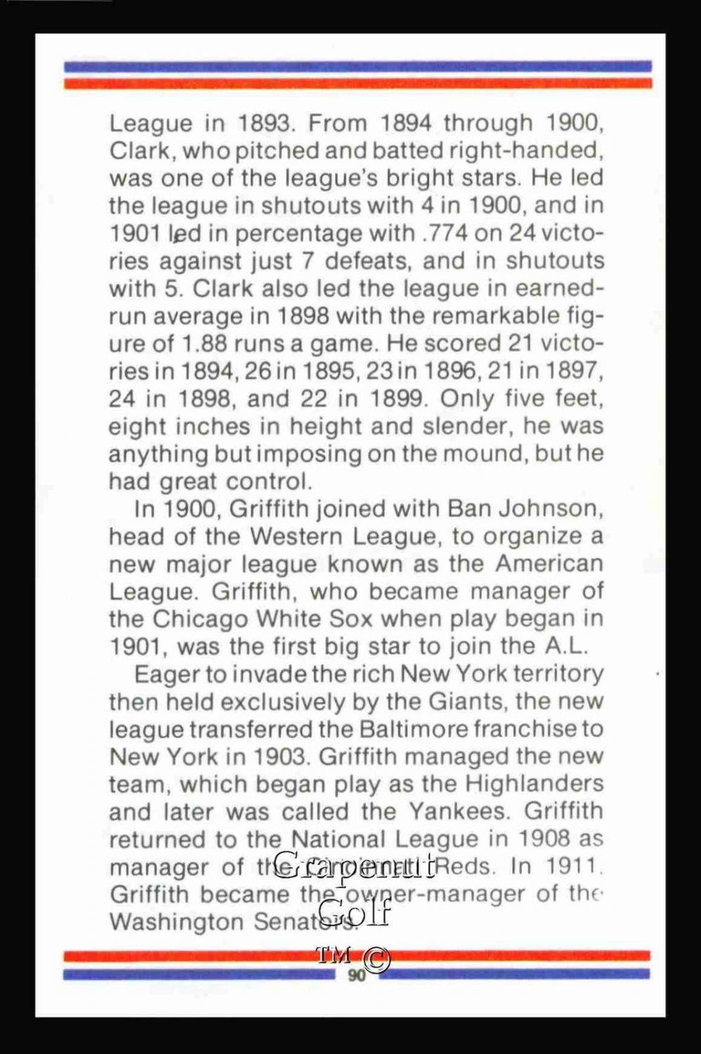 CLARK GRIFFITH TRUE VALUE OLD FOX BASEBALL HOF CARD NMT WASHINGTON SENATORS