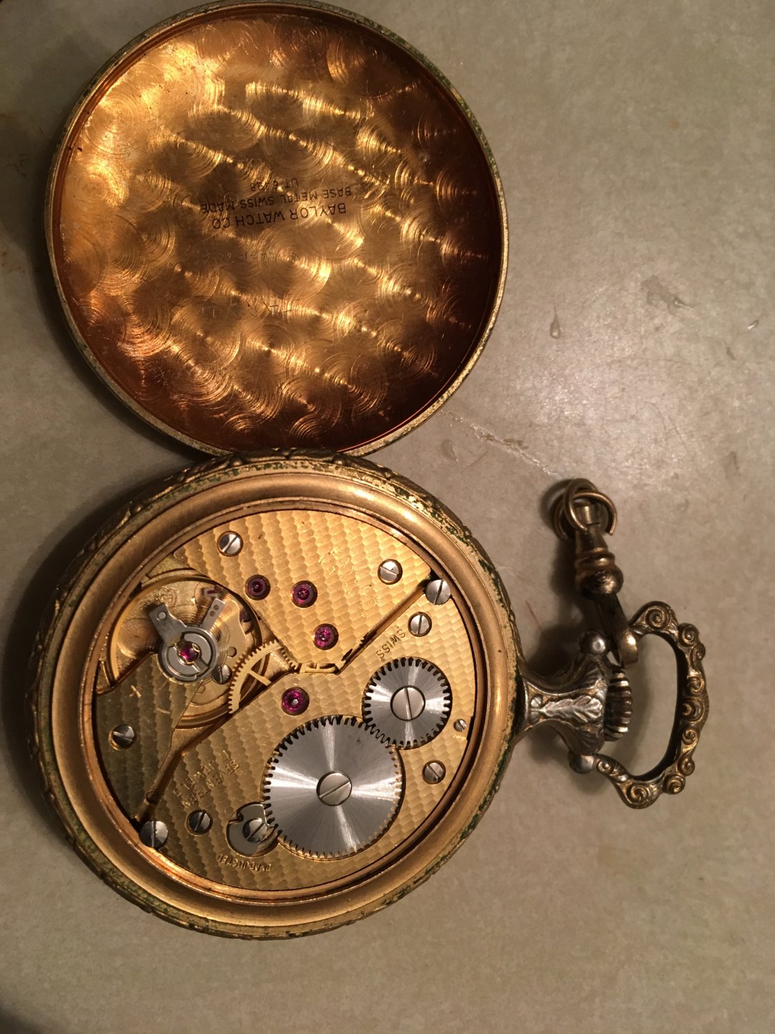 Vintage Gold Tone BAYLOR POCKET WATCH Engraved "Dogs" 17 Jewels ~ Swiss ...