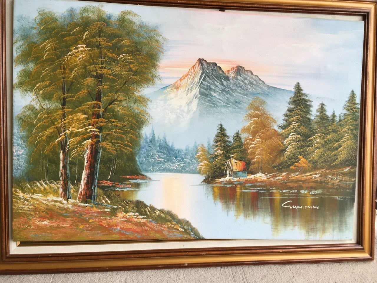 Gorgeous 1970 Mountainside Landscape Oil Painting on Canvas by G. Whitman