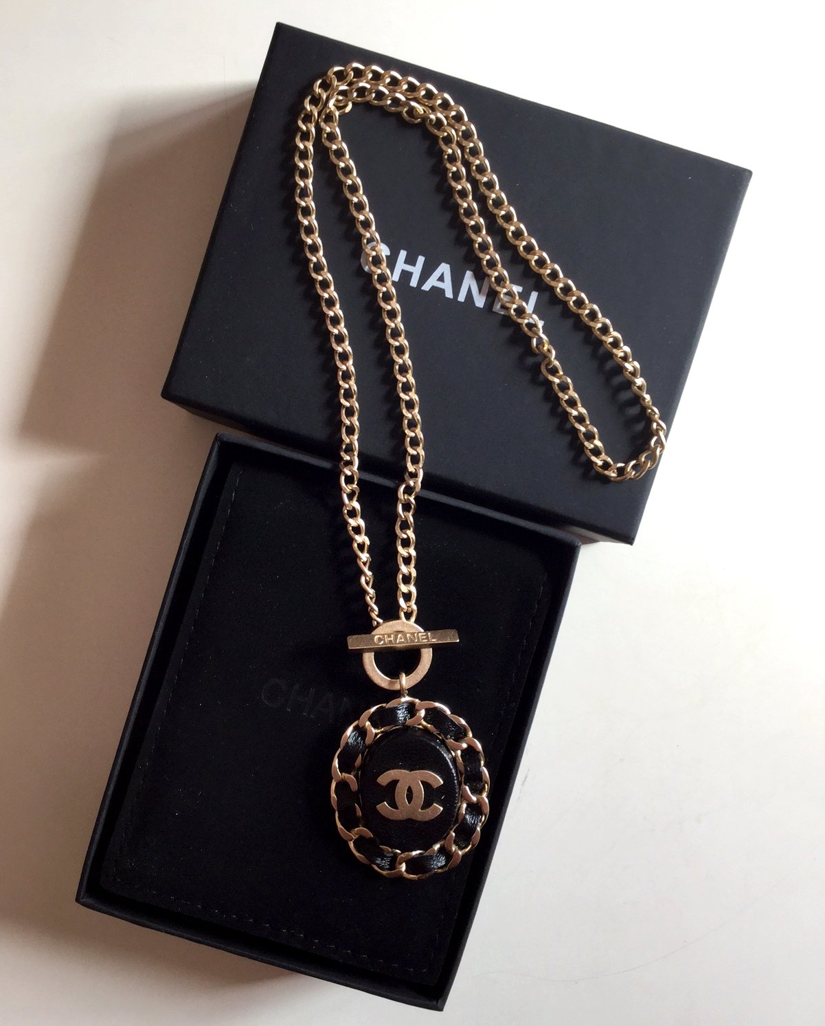 CHANEL Gold Chain Necklace Black Leather Weave Oval Pendant Authentic NIB