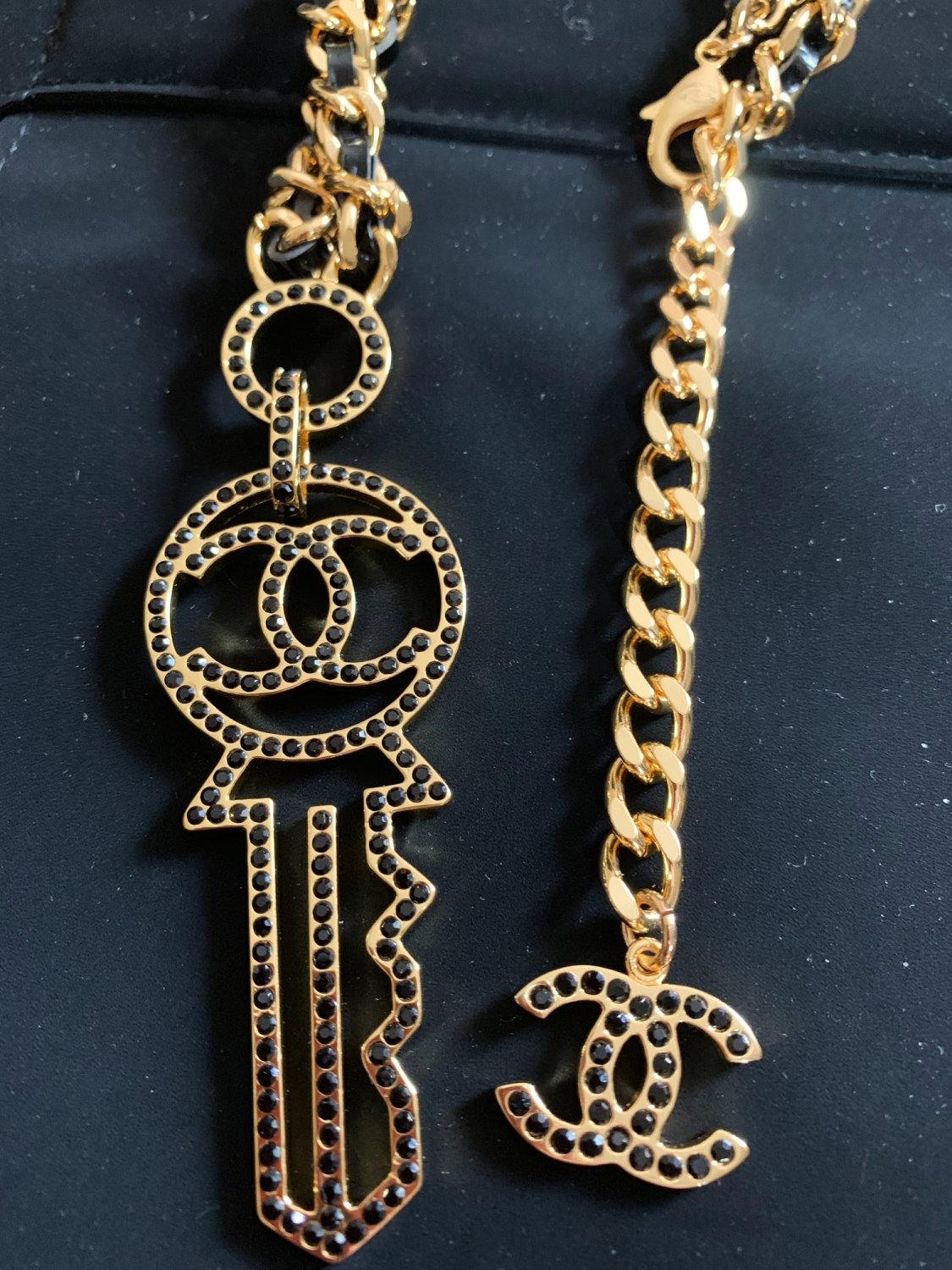 CHANEL CC Black Crystal Key Pendant Necklace Leather Gold Chain 2017 NIB