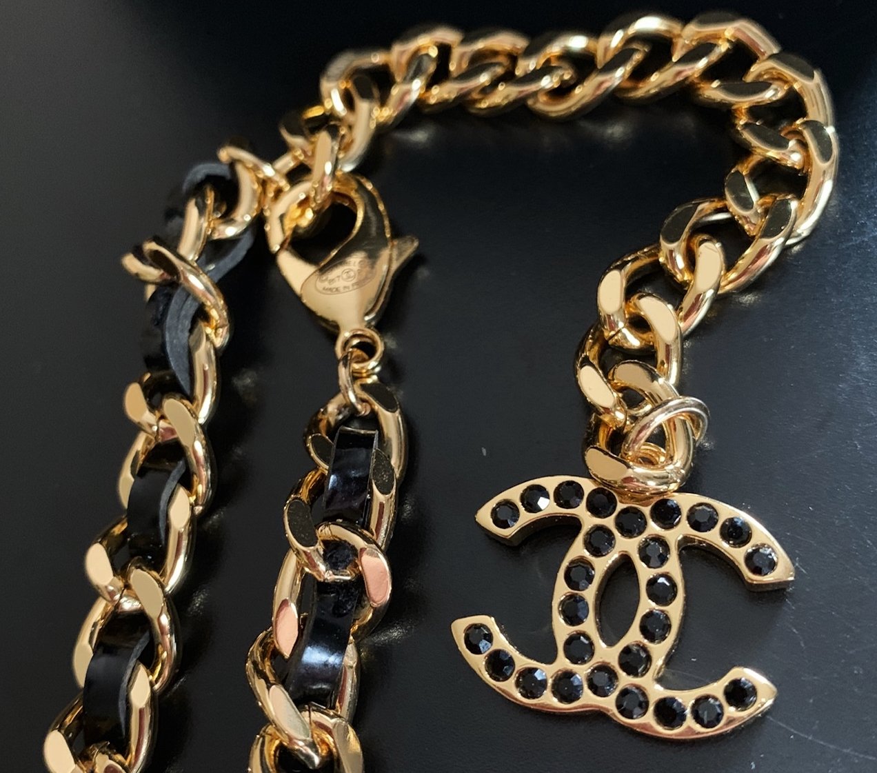 CHANEL CC Black Crystal Key Pendant Necklace Leather Gold Chain 2017 NIB