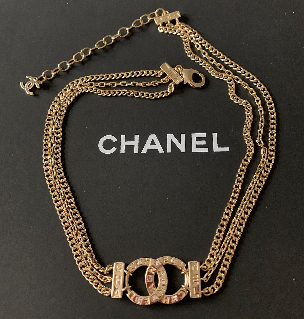 CHANEL Crystal CC Name Plate Pendant Triple Gold Chain Necklace NIB