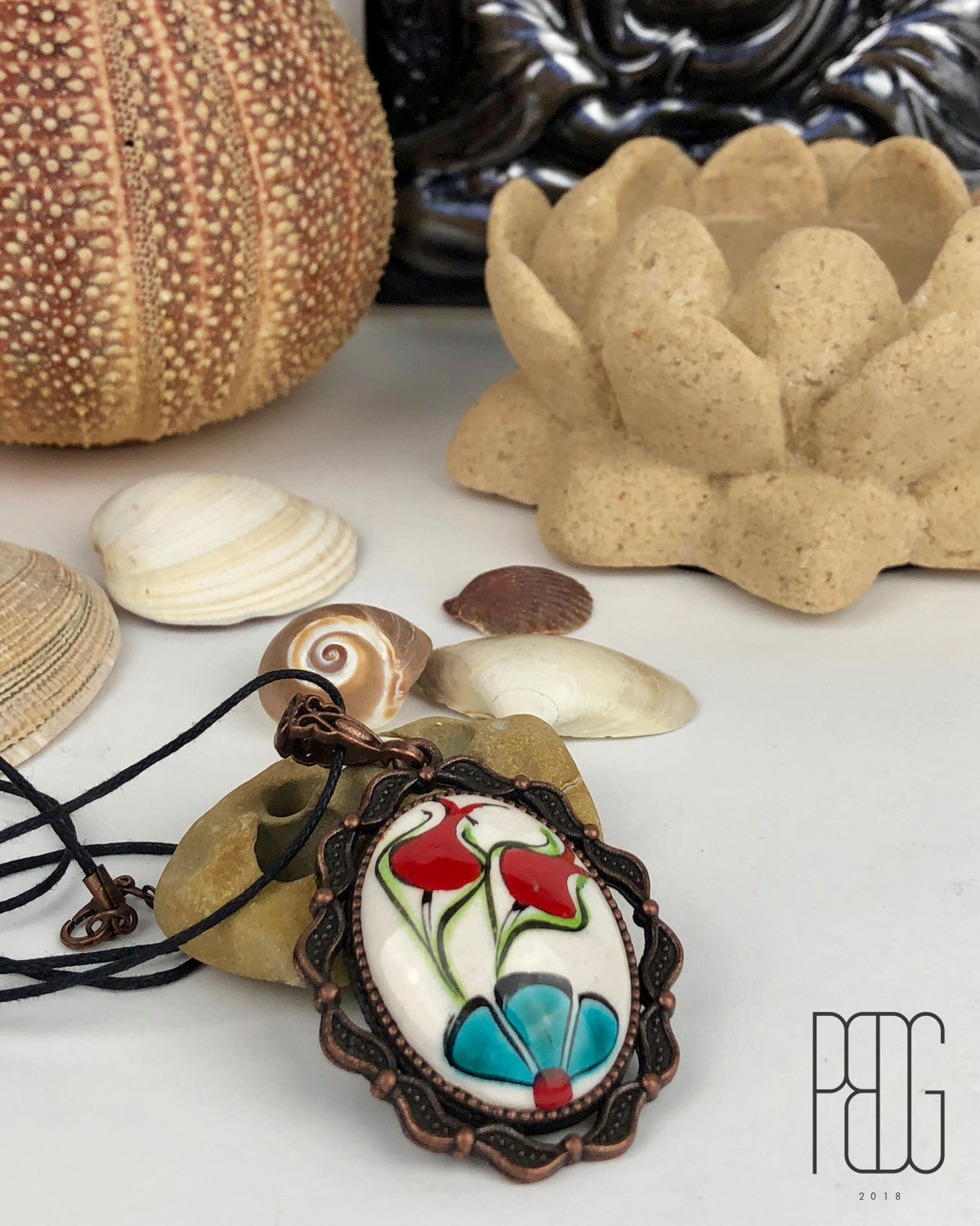 Handmade Traditional Cini Ceramic Jewelry Pendant - Two Tulips and Blue ...