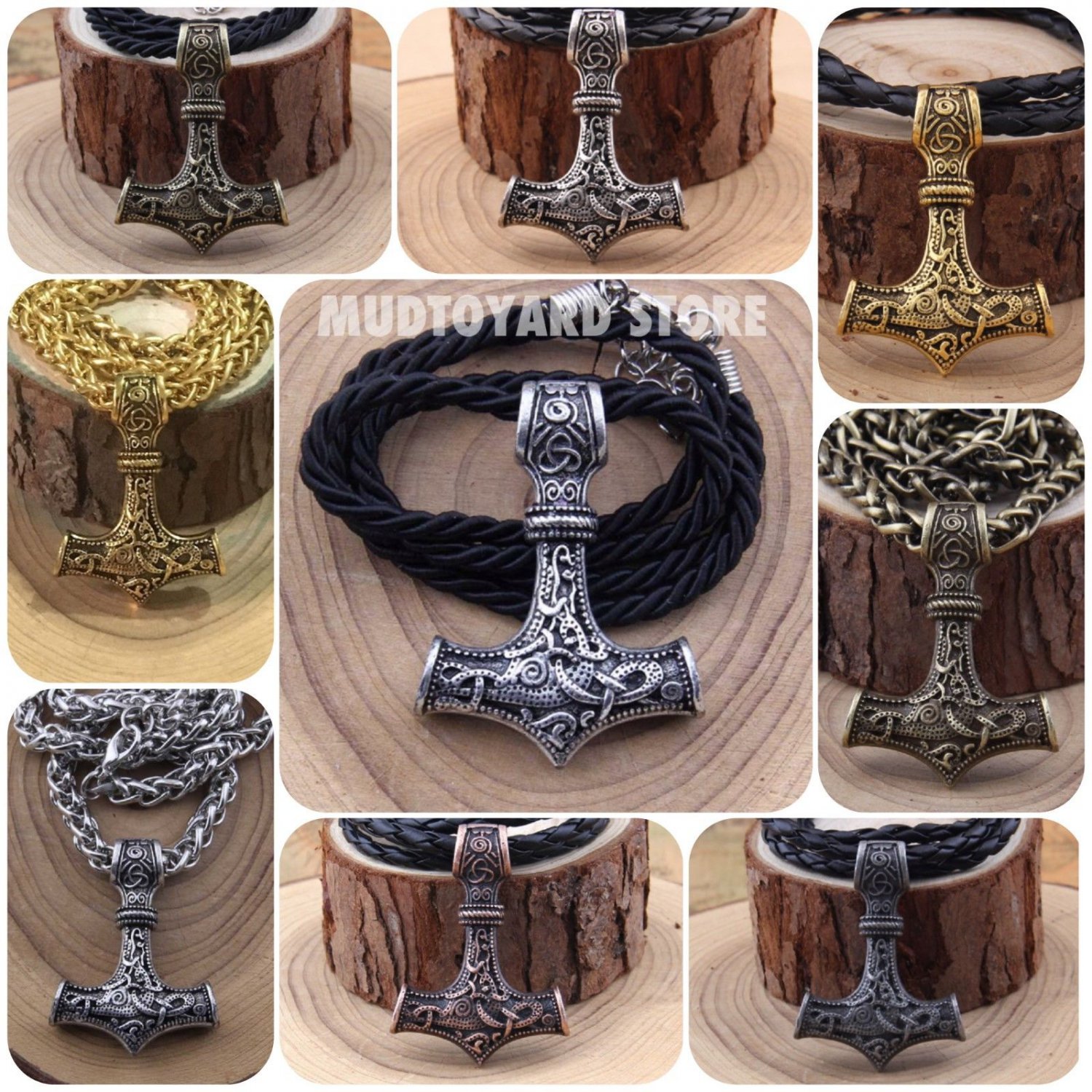 1 x Thor's Hammer mjolnir Silver pendant leather necklace gold Viking ...