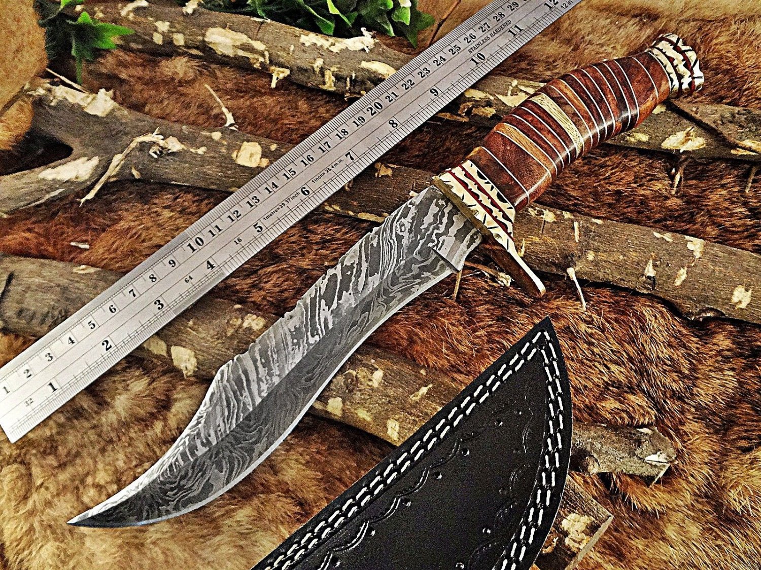 Damascus steel Foot long hunting knife, Sliced rose wood & engraved ...