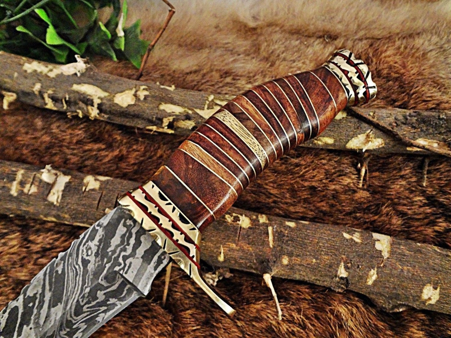 Damascus steel Foot long hunting knife, Sliced rose wood & engraved ...