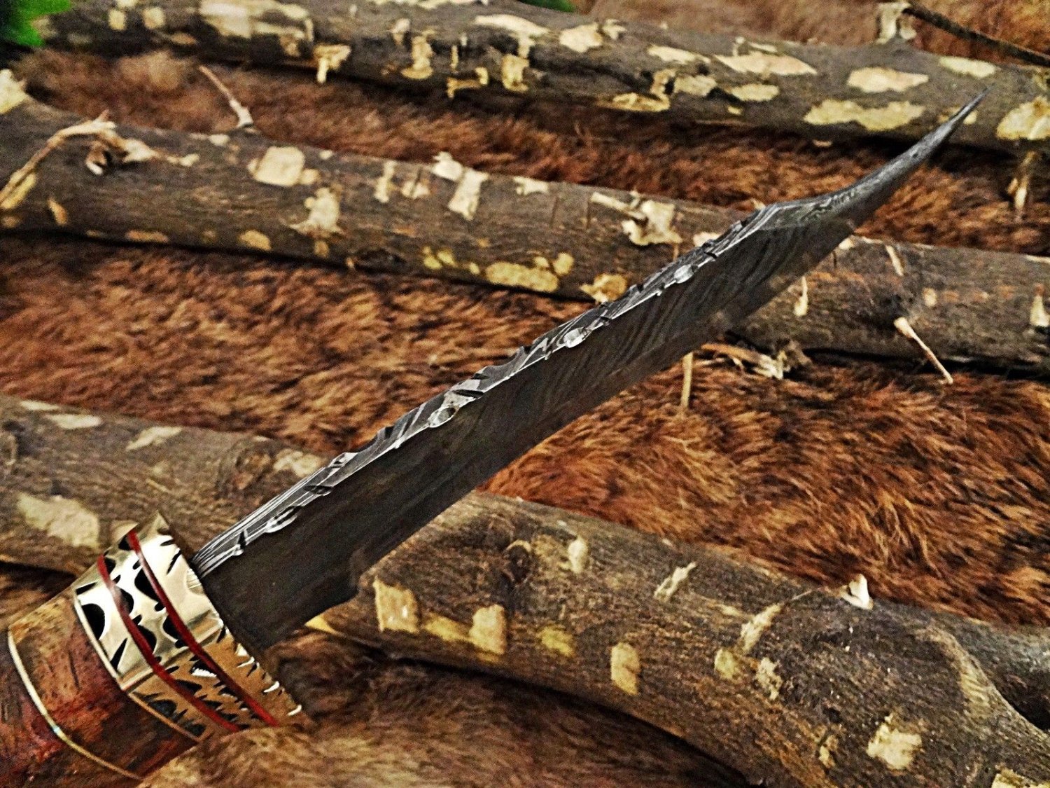 Damascus steel Foot long hunting knife, Sliced rose wood & engraved ...