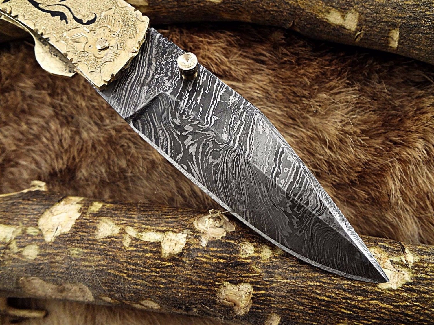 Damascus steel 7" long Folding Knife, Solid hand engraved brass scale