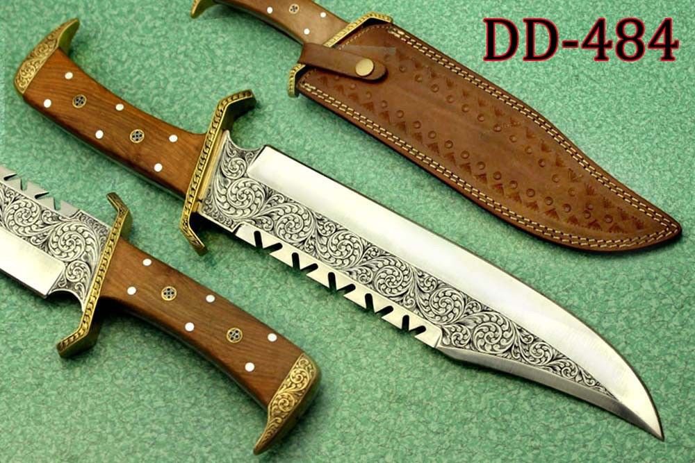 Hand engraved D-2 steel 16" long hunting Bowie Knife, 11" blade Cow sheath