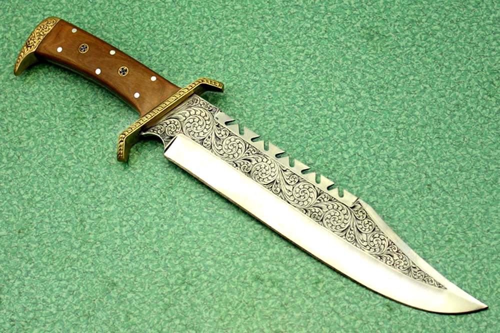 Hand engraved D-2 steel 16" long hunting Bowie Knife, 11" blade Cow sheath