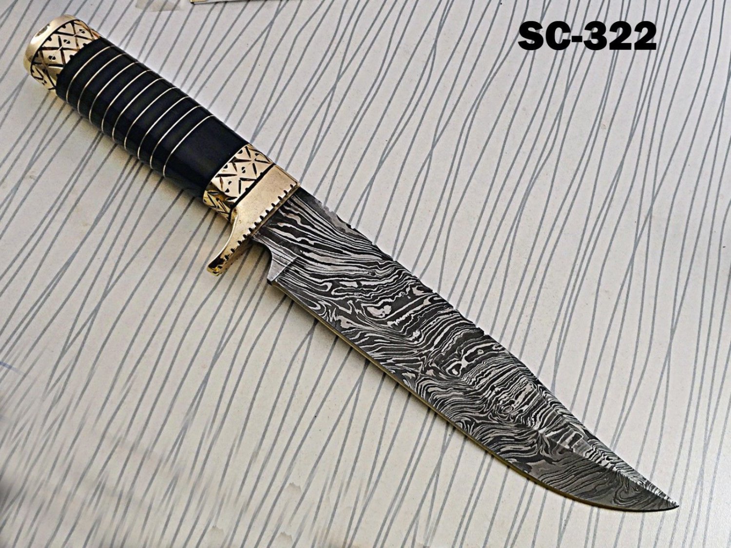 13.5" Damascus steel Hunting Knife, Bull horn scale, engraved Brass ...