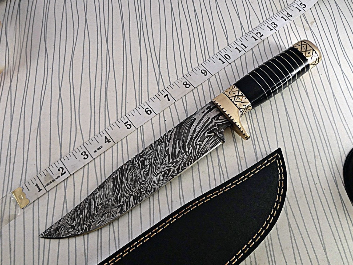 13.5" Damascus steel Hunting Knife, Bull horn scale, engraved Brass ...