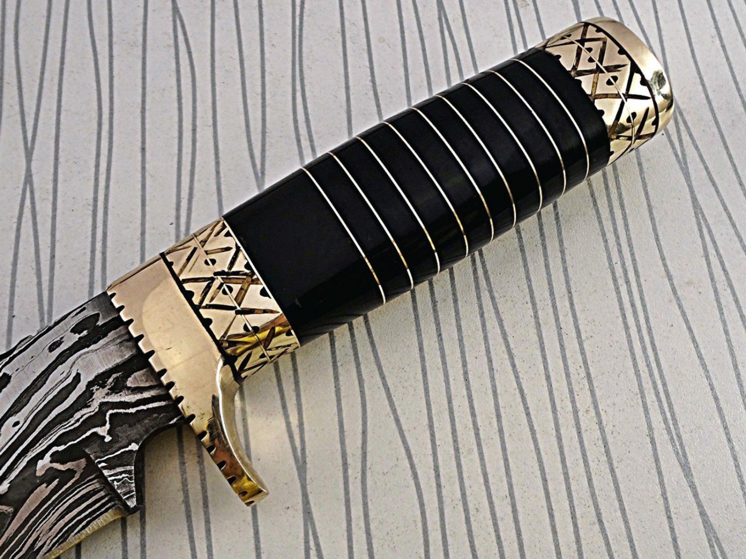 13.5" Damascus steel Hunting Knife, Bull horn scale, engraved Brass ...