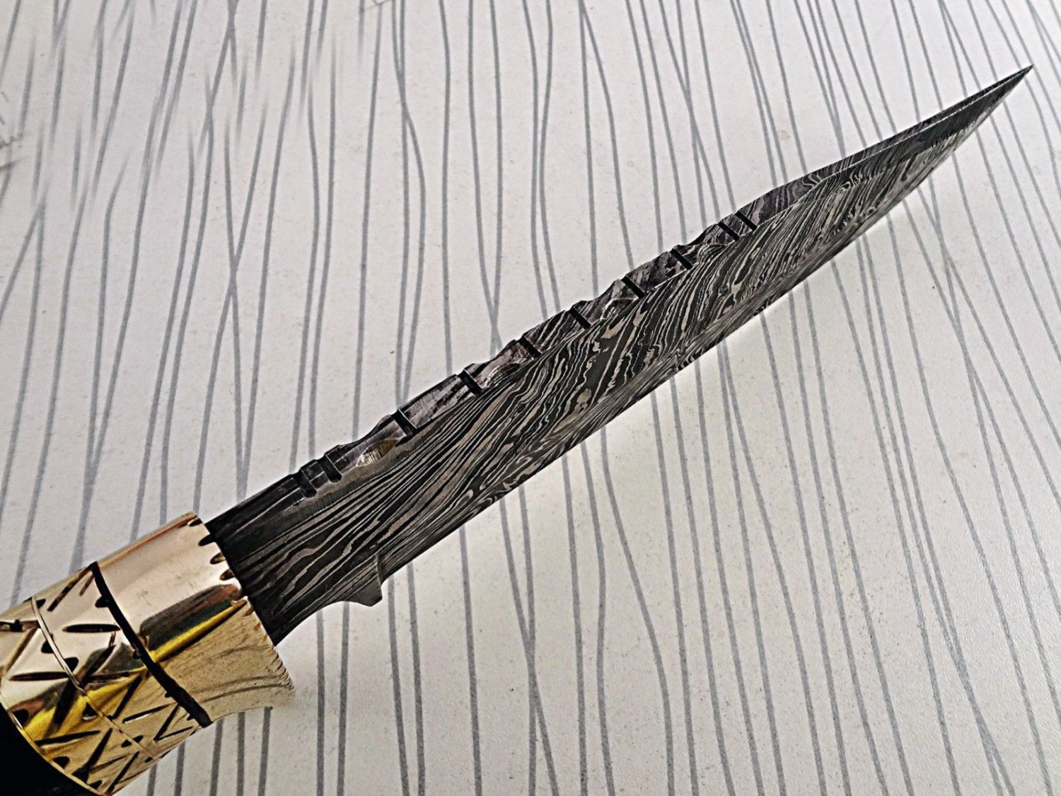 13.5" Damascus steel Hunting Knife, Bull horn scale, engraved Brass ...