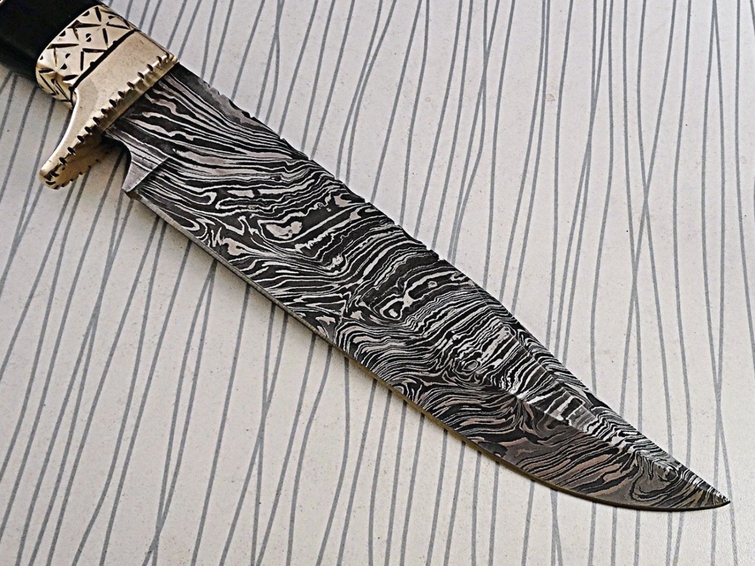13.5" Damascus steel Hunting Knife, Bull horn scale, engraved Brass ...