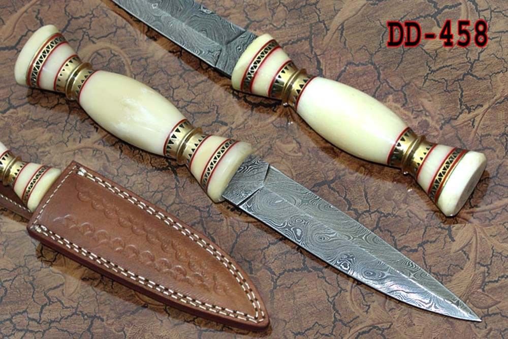 11" Damascus steel hunting Dagger knife, Bone W/engraved brass scale ...