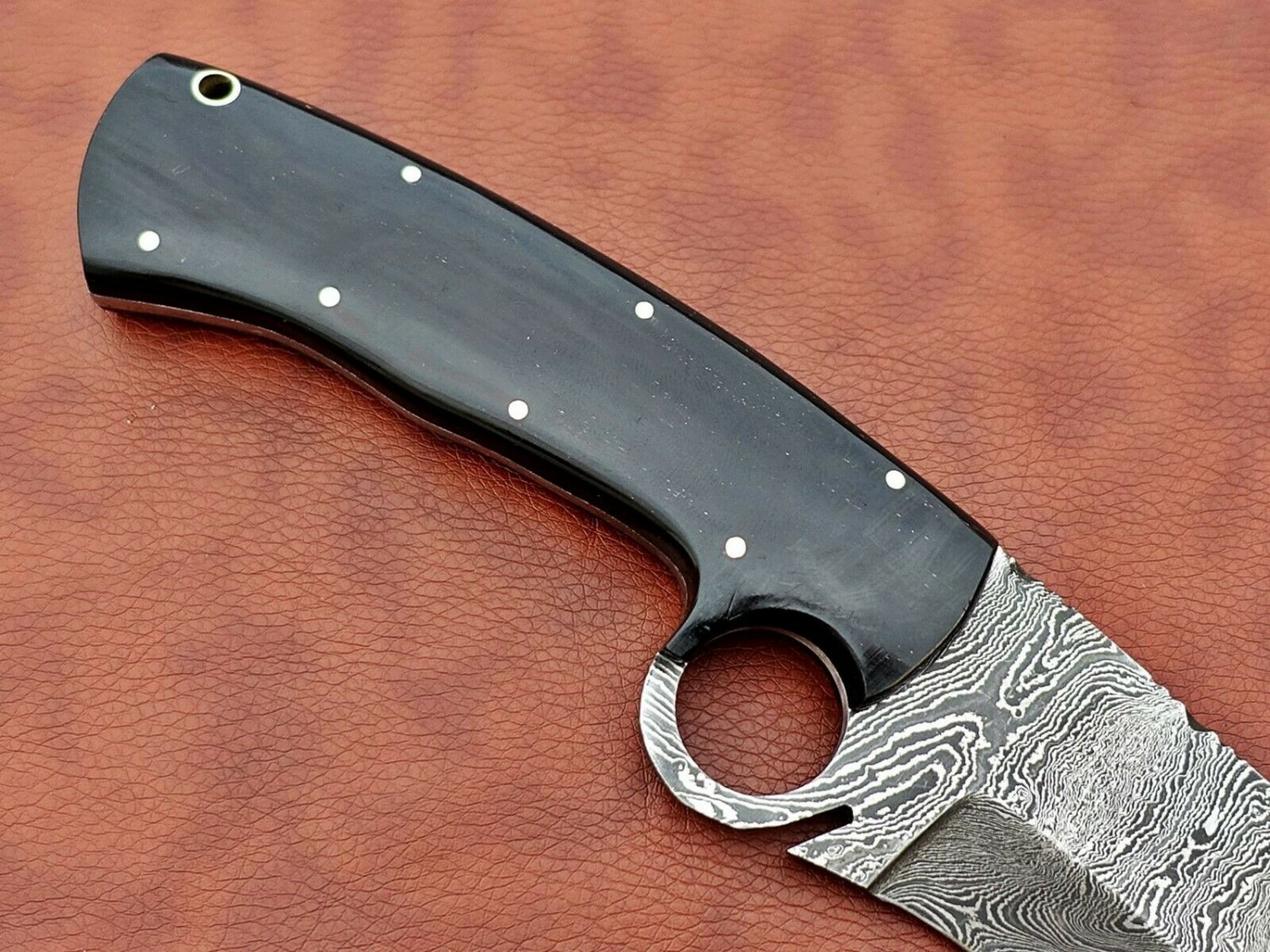 13" Damascus steel Nessmuk machete with finger hole, Cow Leather sheath ...