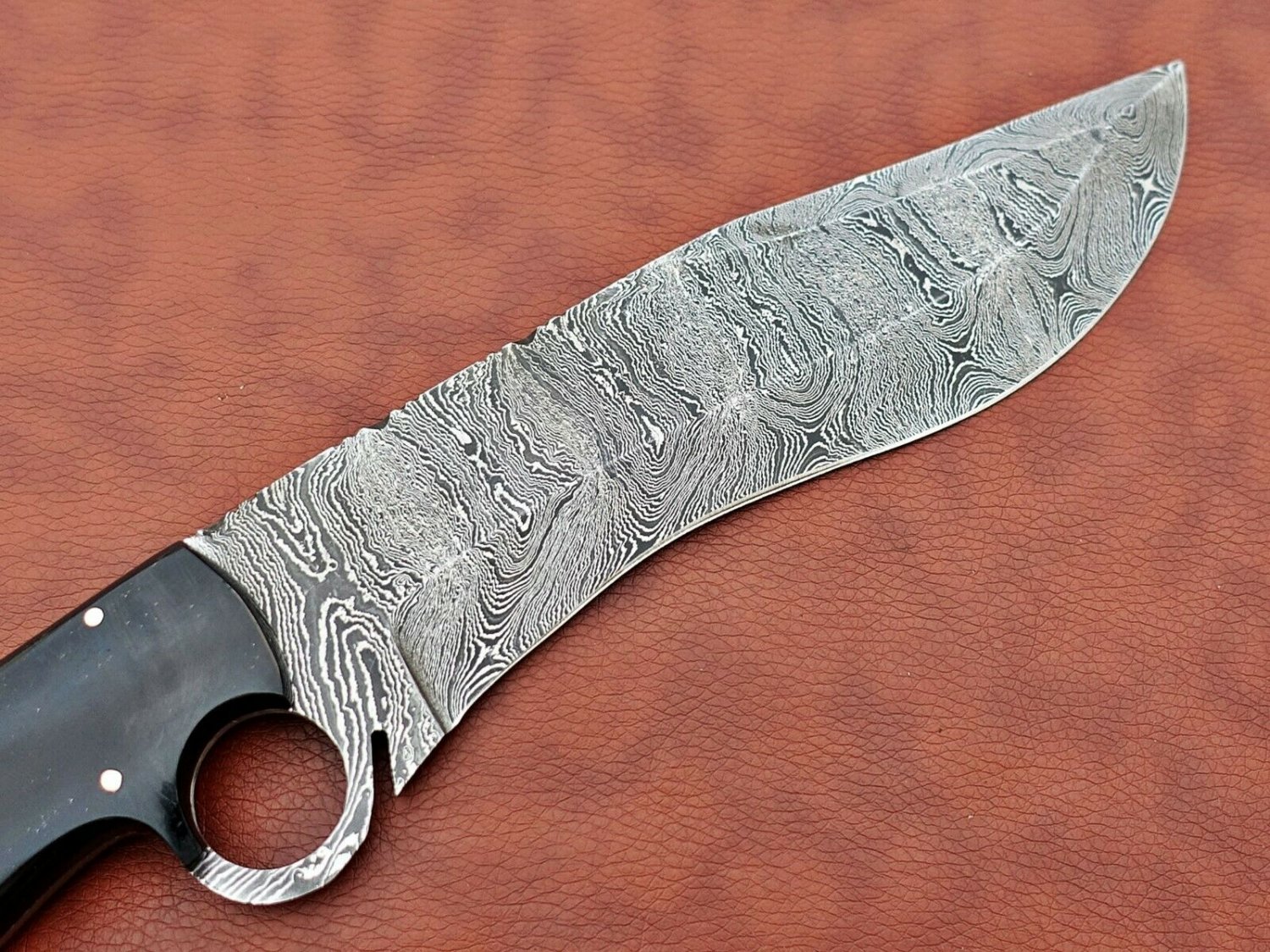 13" Damascus steel Nessmuk machete with finger hole, Cow Leather sheath ...