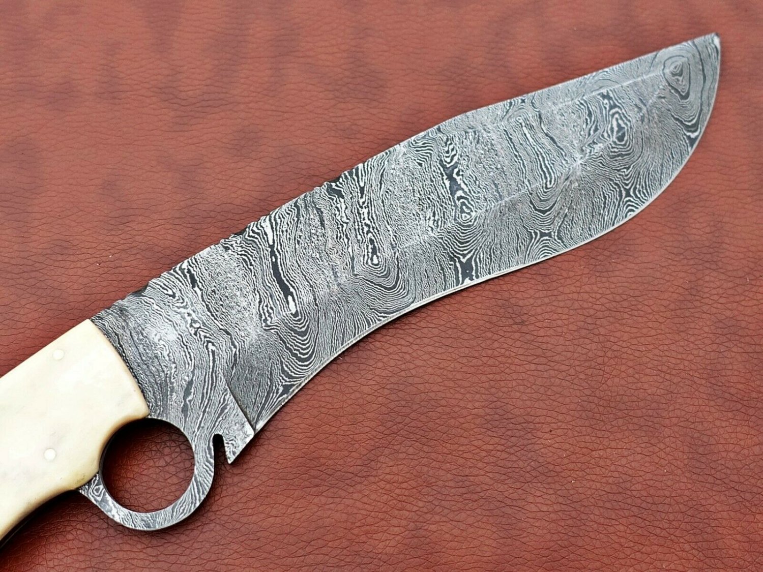 13" Damascus steel Nessmuk machete with finger hole, Cow Leather sheath ...