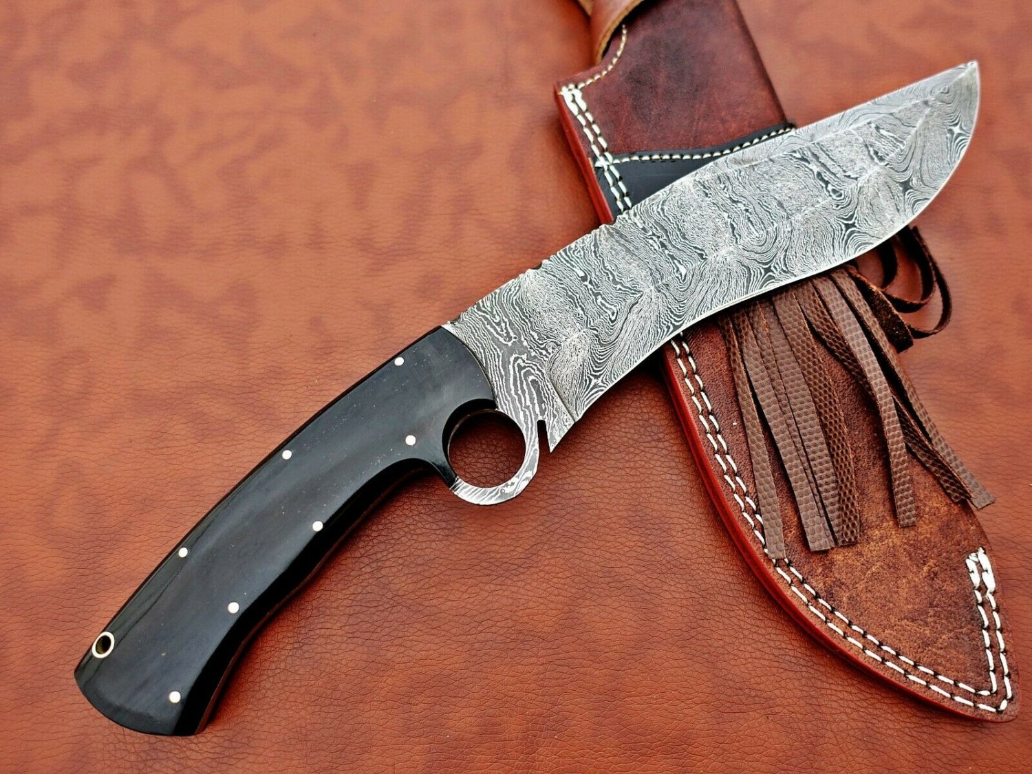 13" Damascus steel Nessmuk machete with finger hole, Cow Leather sheath ...