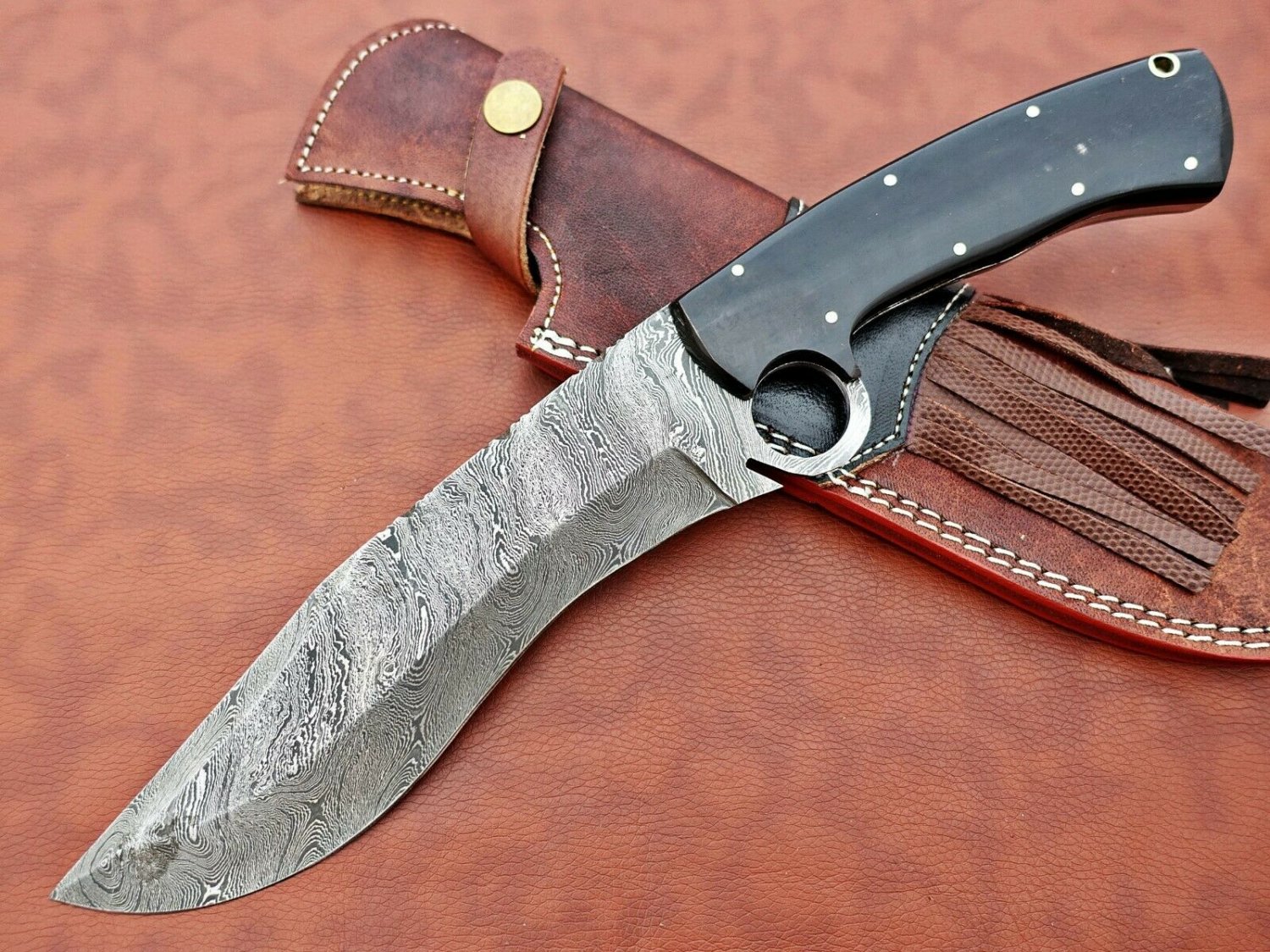 13" Damascus steel Nessmuk machete with finger hole, Cow Leather sheath ...