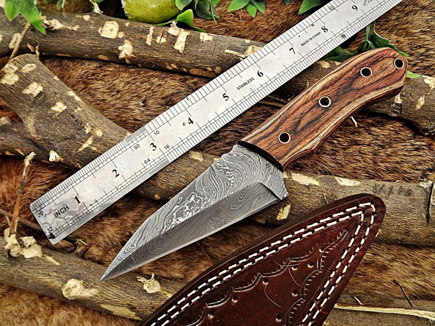 8.5" long Damascus Full tang coping blade Skinning knife, Leather sheath