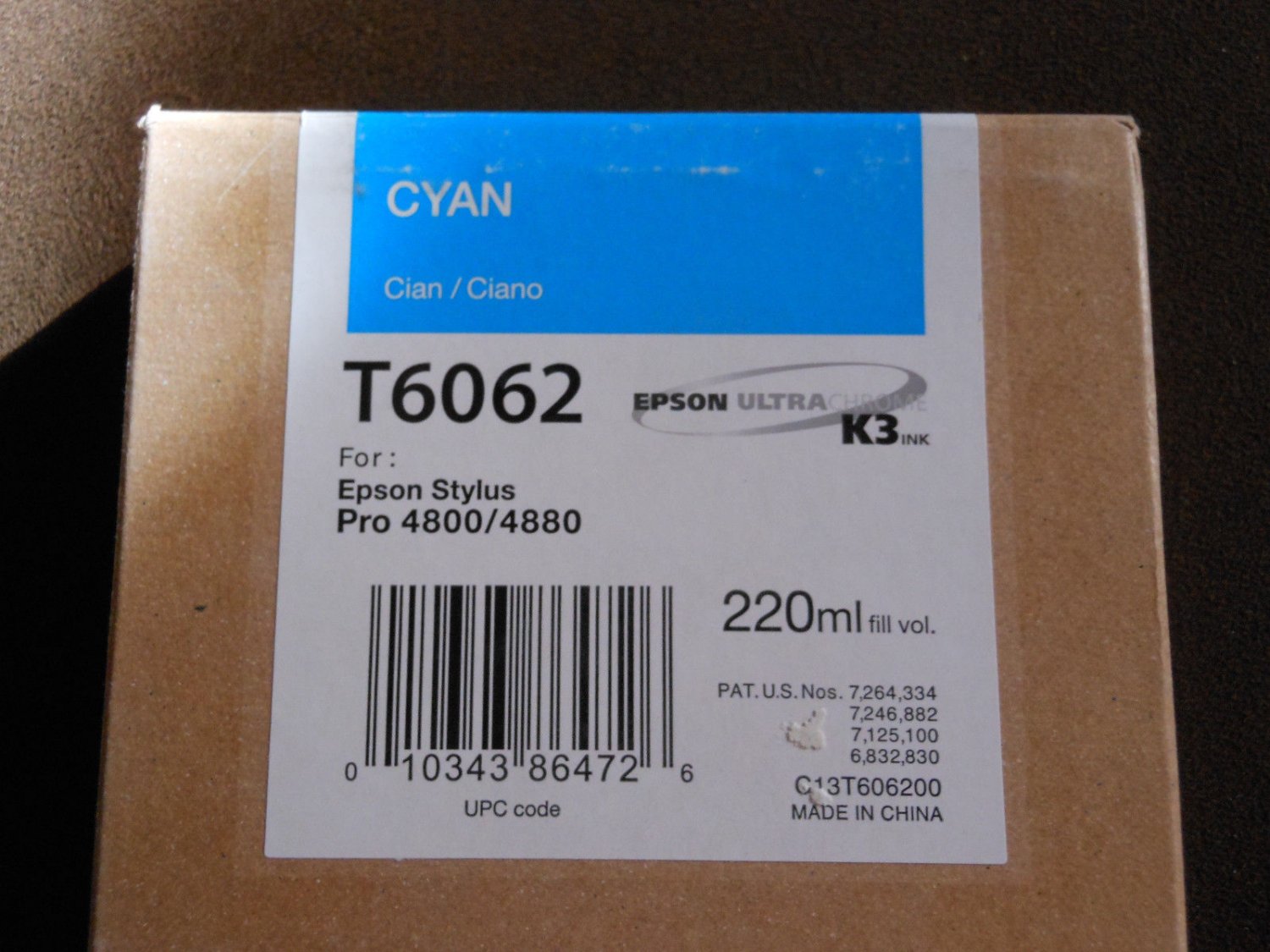 06-2013 GENUINE EPSON T6062 CYAN 220ml K3 INK STYLUS PRO 4800 4880