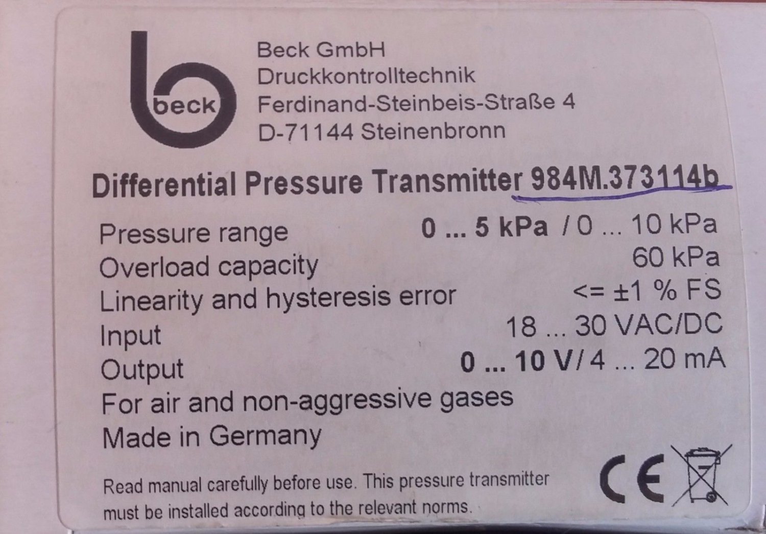 NEW! Beck 984M.373114b Differential Pressure Transmitter