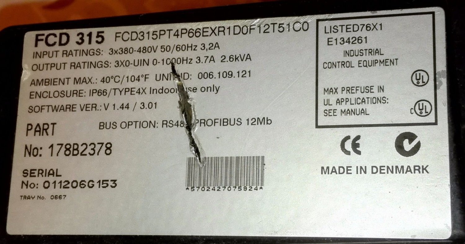 Danfoss FCD 315 FCD315PT4P66EXR1D0F12T51C0 2.6kVA 178B2378