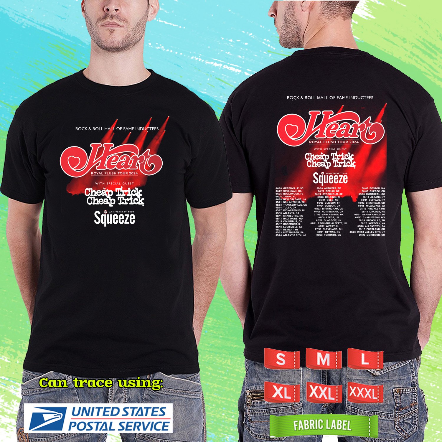 HEART ROYAL FLUSH WORLD TOUR 2024.HEART TOUR.BLACK TSHIRT UNISEX CODE RDF01