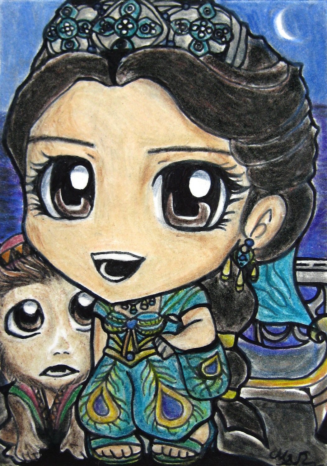 Disney Aladdin Jasmine & Abu Japanese Anime Art Original Sketch Card ...