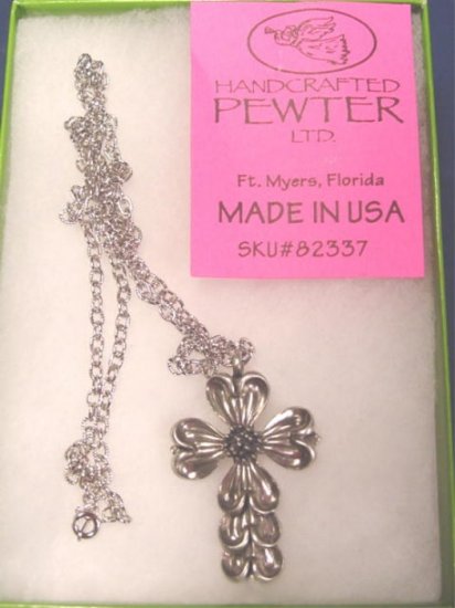 Vintage handcrafted Marcie USA pewter flower cross pendant necklace and ...
