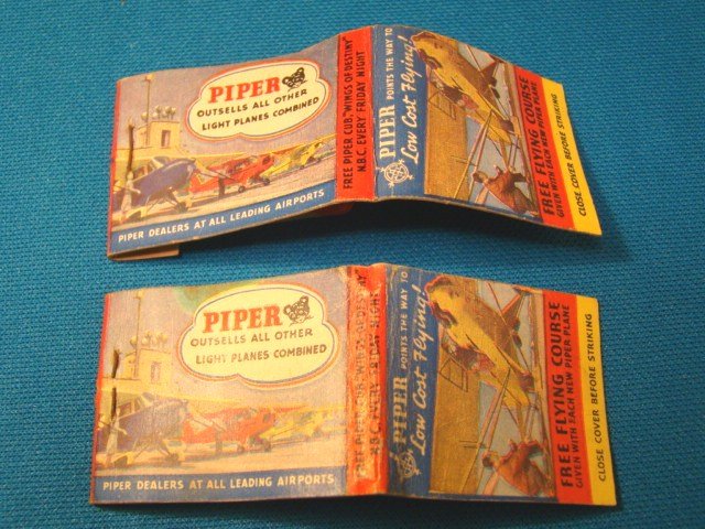 Piper Cub Aircraft 2 airplane matchbook covers light plane flying ...