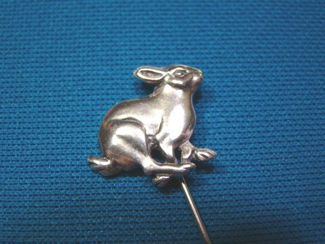 Sterling silver bunny rabbit stick pin brooch vintage jewelry signed PJ