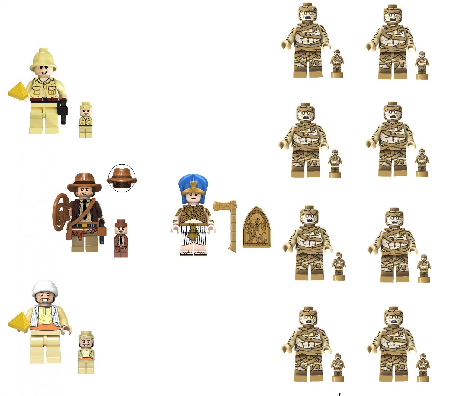Pharaoh Mummies and Indiana Jones Minifigures Compatible Lego Raiders