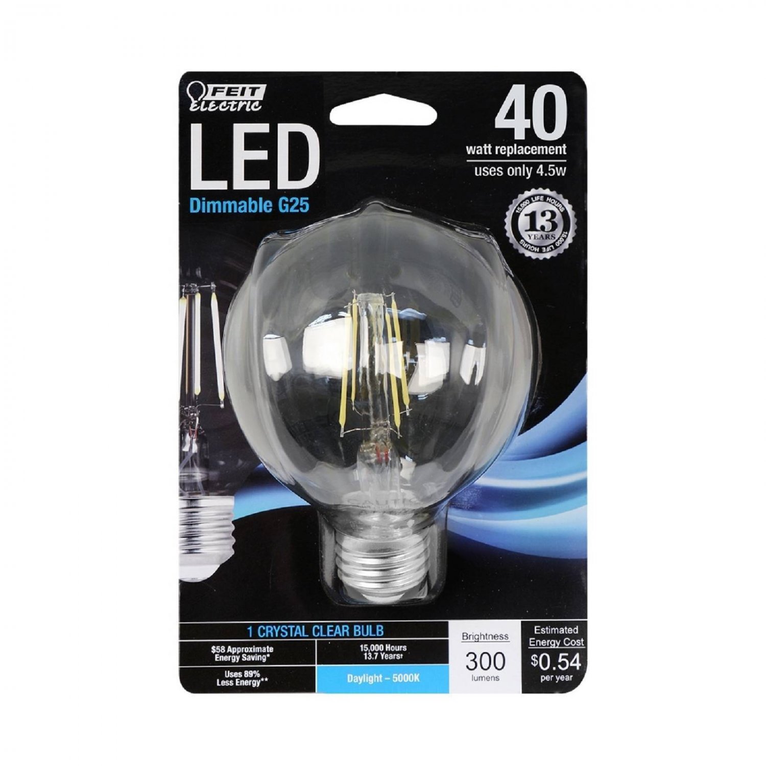 Feit Electric LED 40W for 4.5w Std G25 Dimmable LED Globe Crystal Clear ...