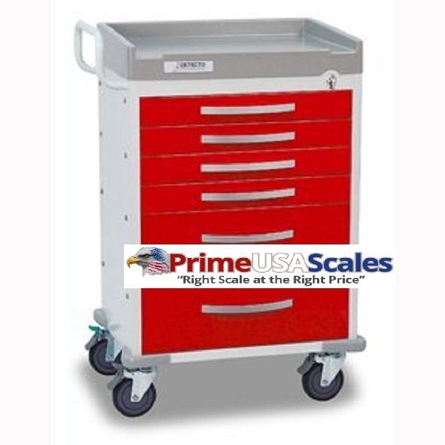 Cardinal Scale RC333369RED Rescue Cart, White Frame With 6 Red Drawers
