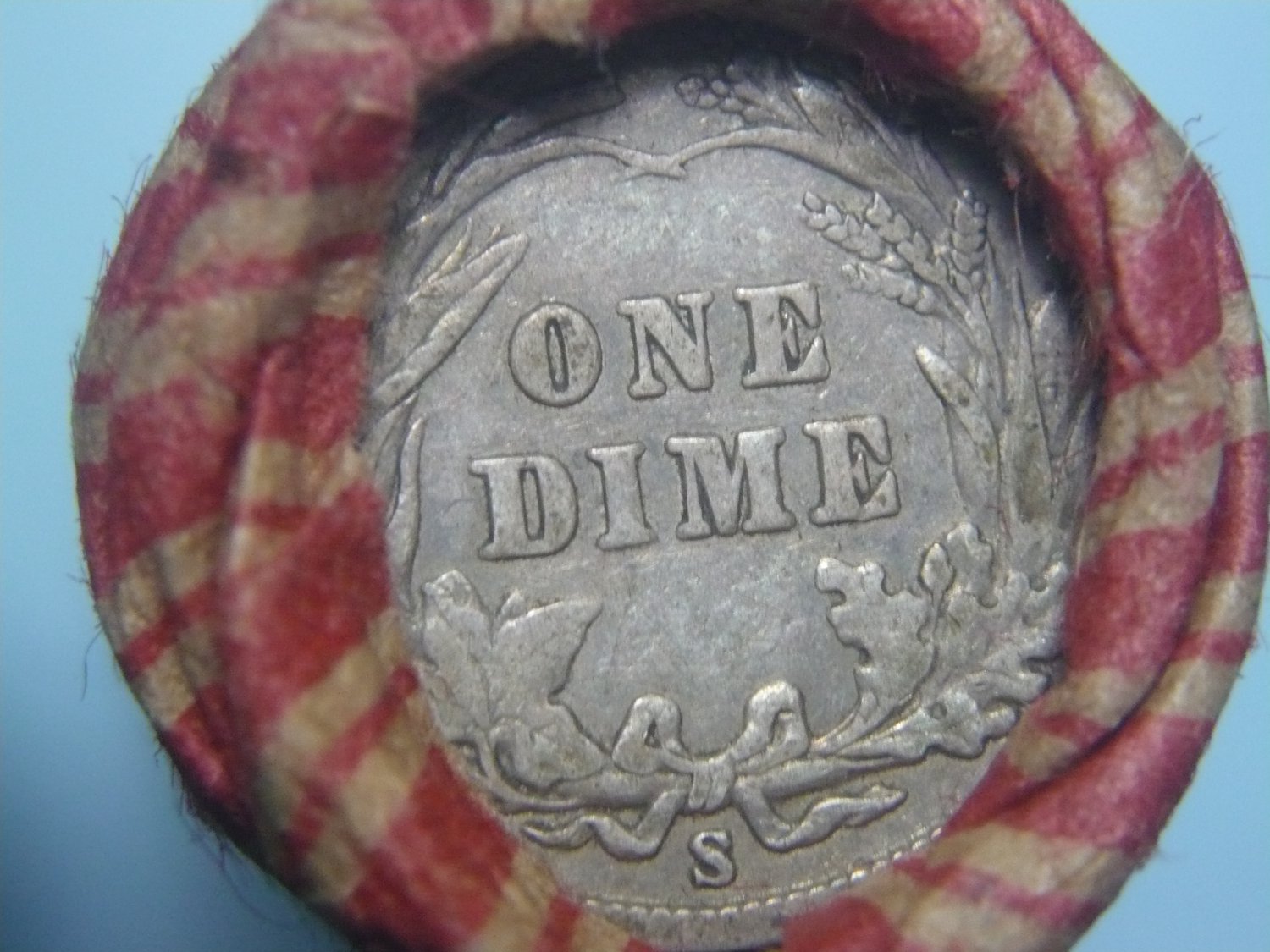 WHEAT PENNY ROLL, "S" BARBER DIME &"S" MERCURY DIME ON ENDS T-11