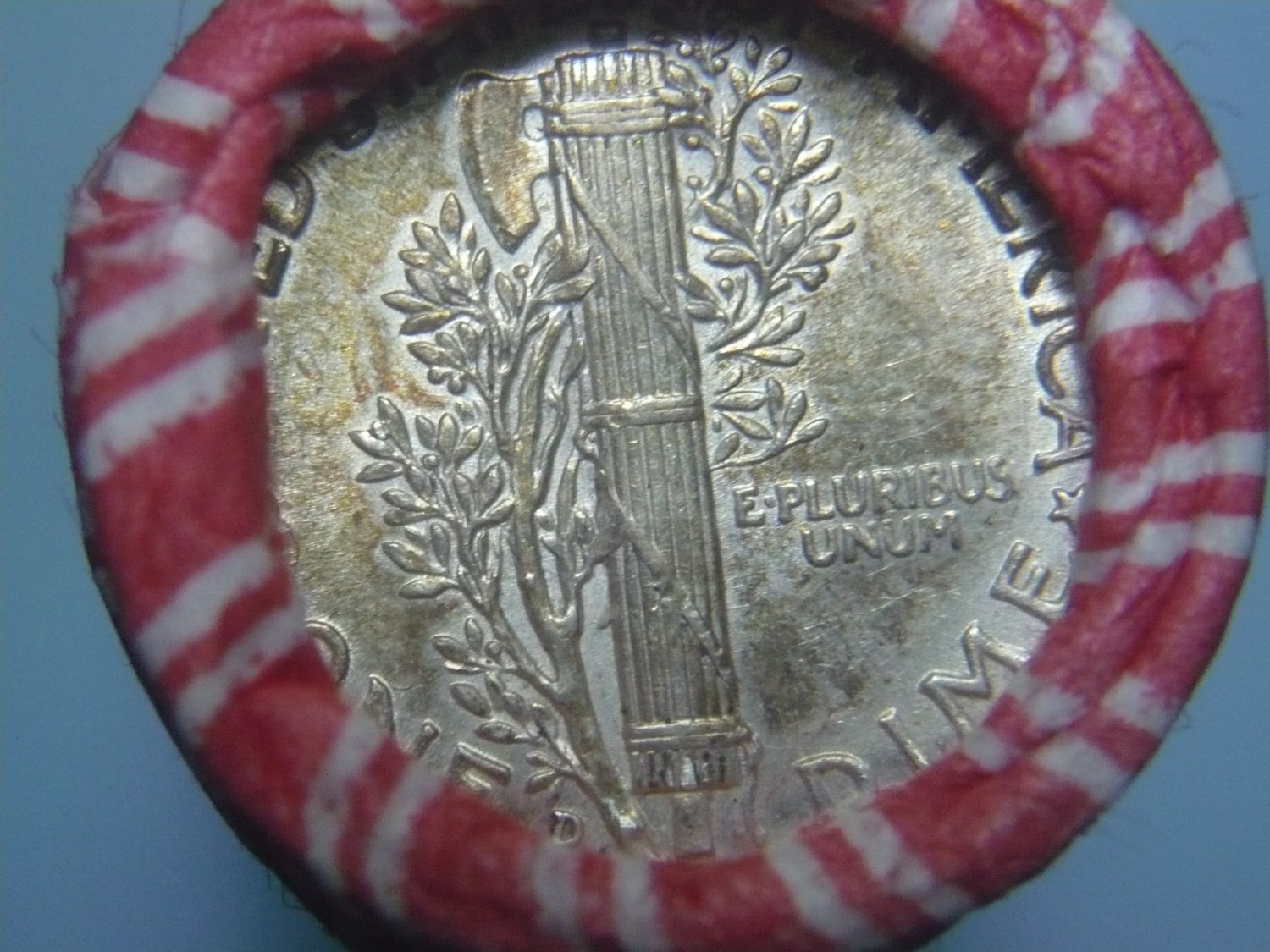 WHEAT PENNY ROLL, "S" BARBER DIME &"D" MERCURY DIME ON ENDS T-22