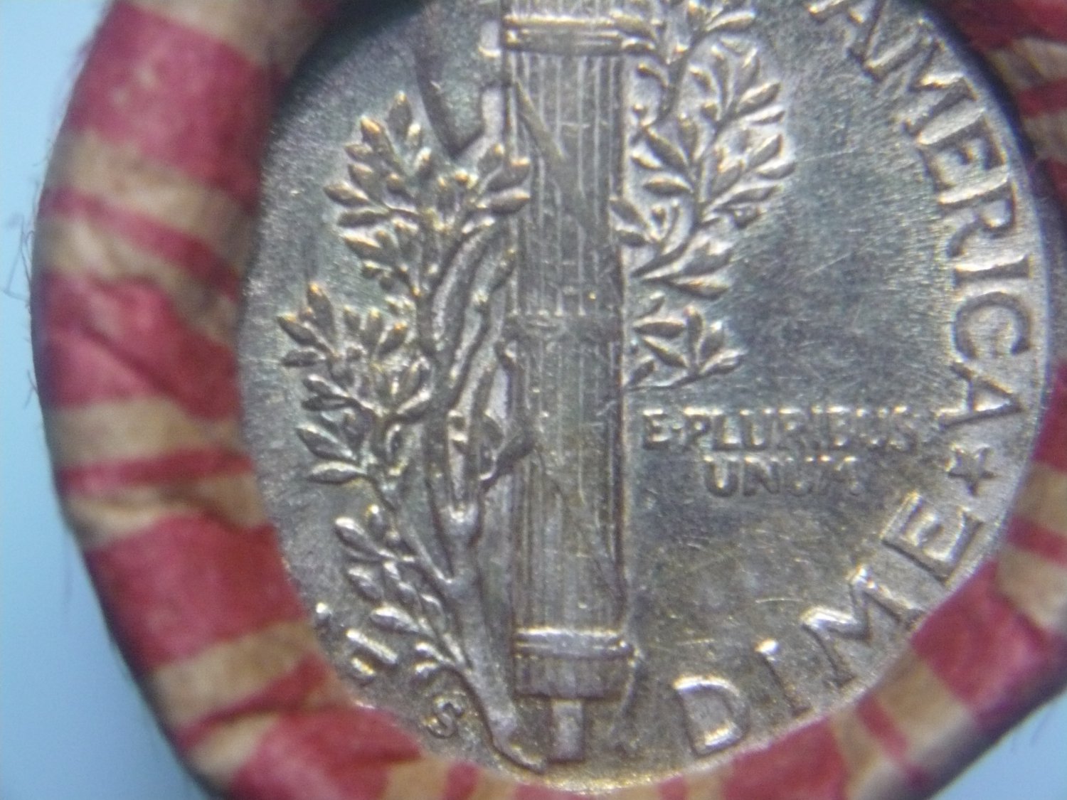 WHEAT PENNY ROLL, "S" BARBER DIME &"S" MERCURY DIME ON ENDS T-30