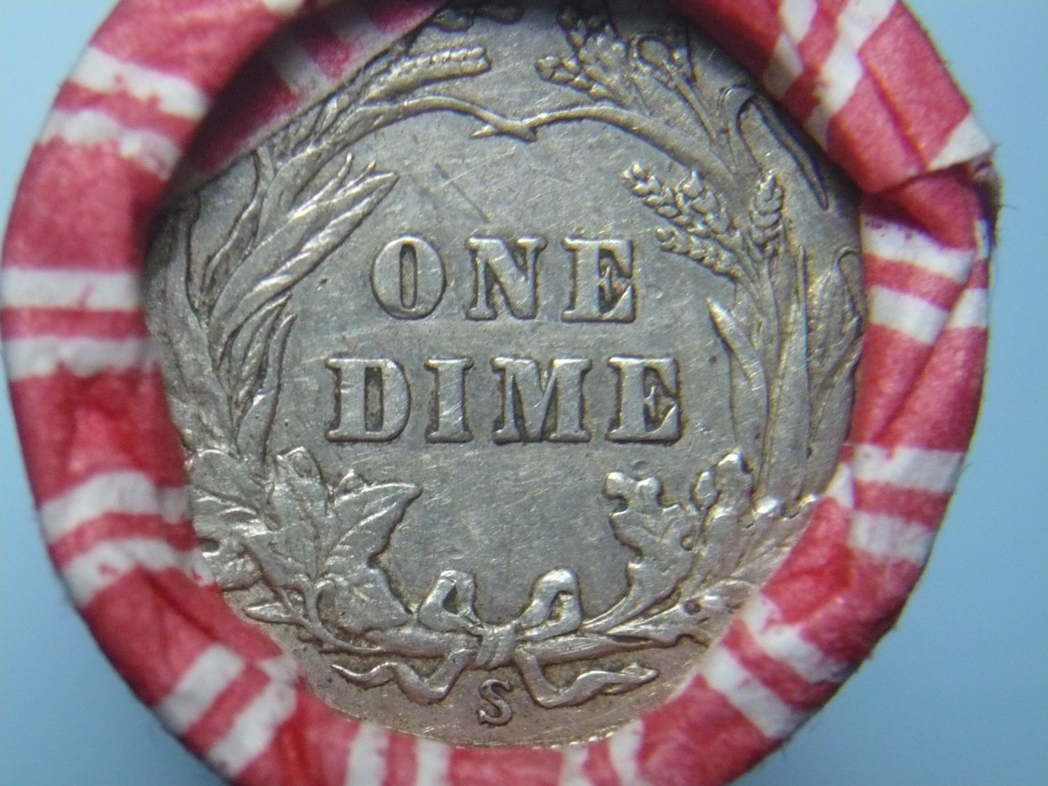 WHEAT PENNY ROLL, "S" BARBER DIME &"S" ROOSVELT DIME ON ENDS T-39
