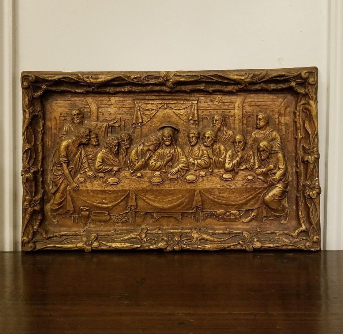 Vintage The Last Supper Chalkware Wall Plaque Hanging Gold Bronze Wall