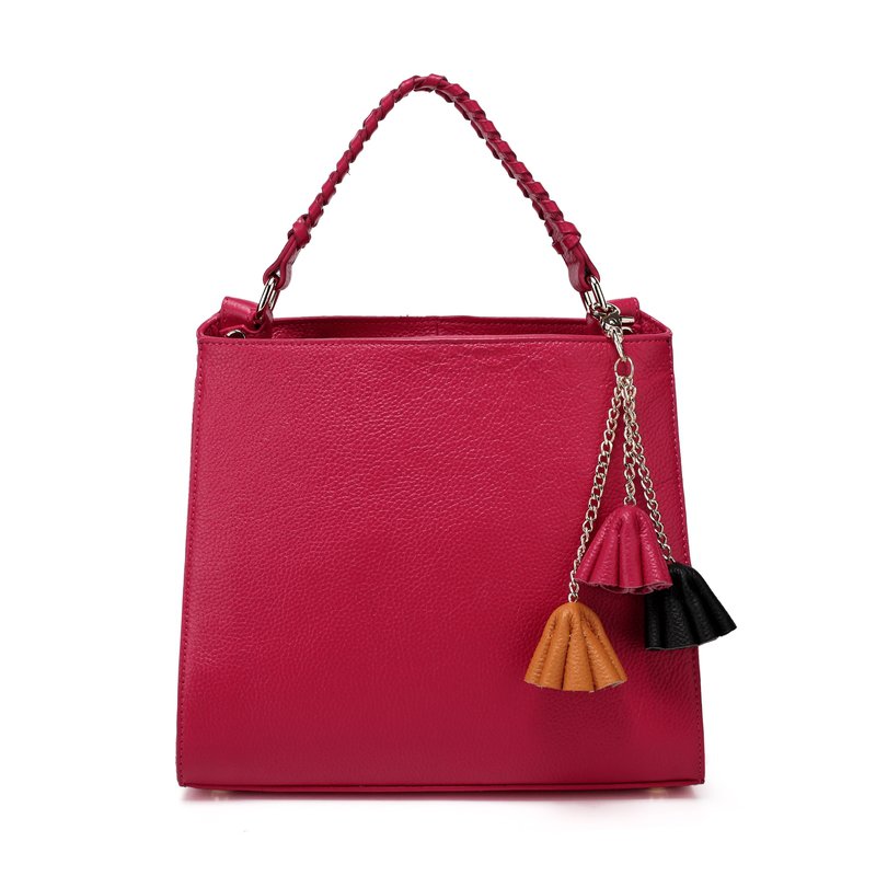 Rose Red Leather Tote Bag With Flowers Accent