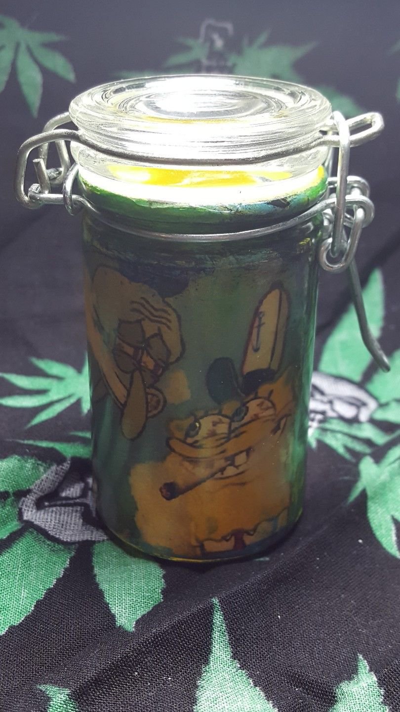 Glass stash jar airtight snap top lid sponge bob